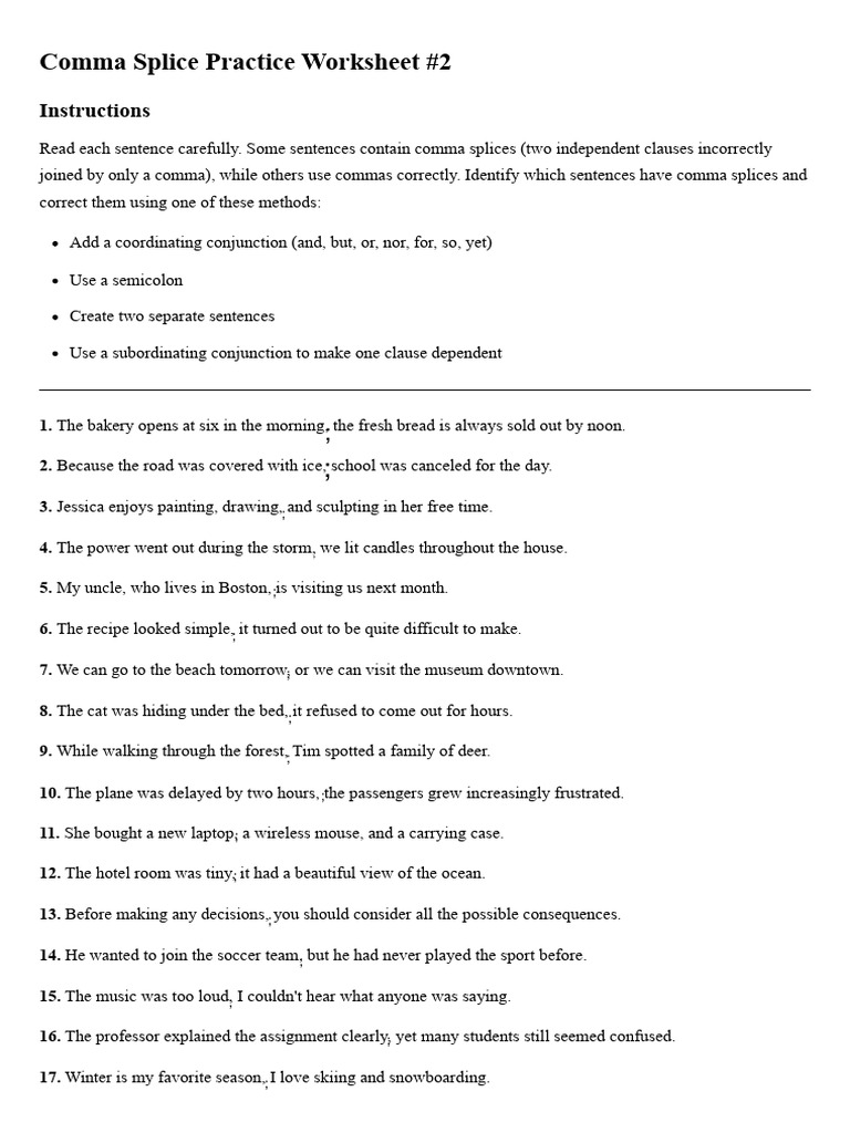 Comma Splice Correction Worksheet 2 | PDF
