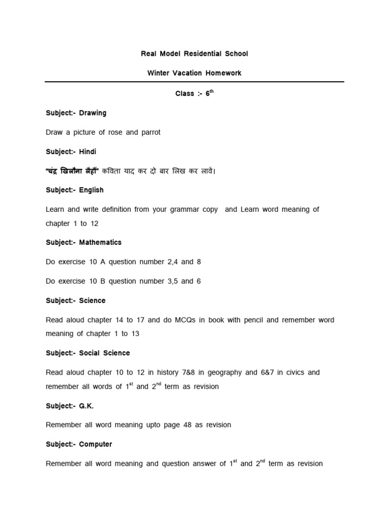 Class 6 Winter Vacation Homework | PDF