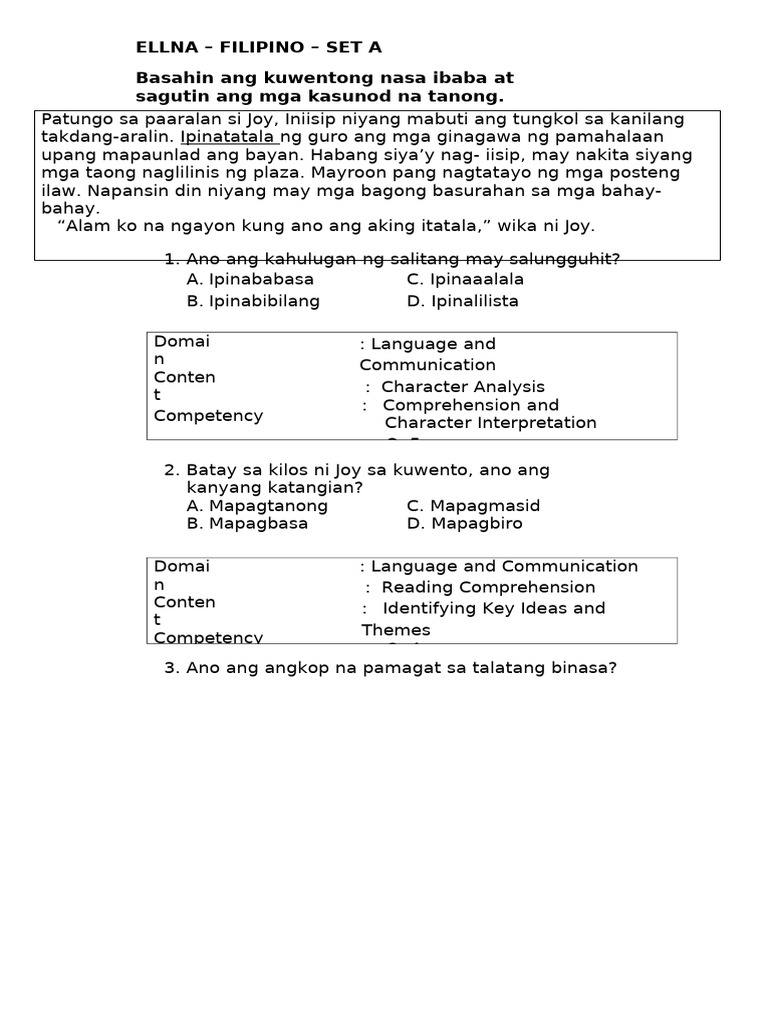 ELLNA Filipino 3 Practice Test Set A | PDF