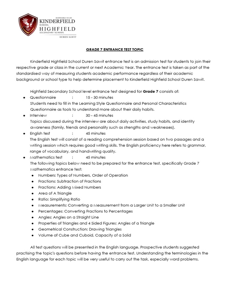 Grade 7 Entrance Test Guide | PDF
