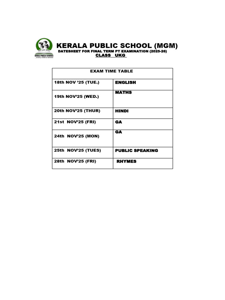 Kerala Public School UKG Exam Datesheet | PDF