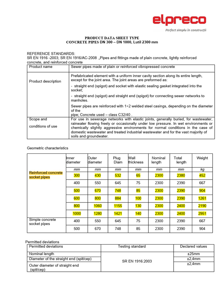 Concrete Sewer Pipes DN 300-1000 Data Sheet | PDF | Pipe (Fluid ...