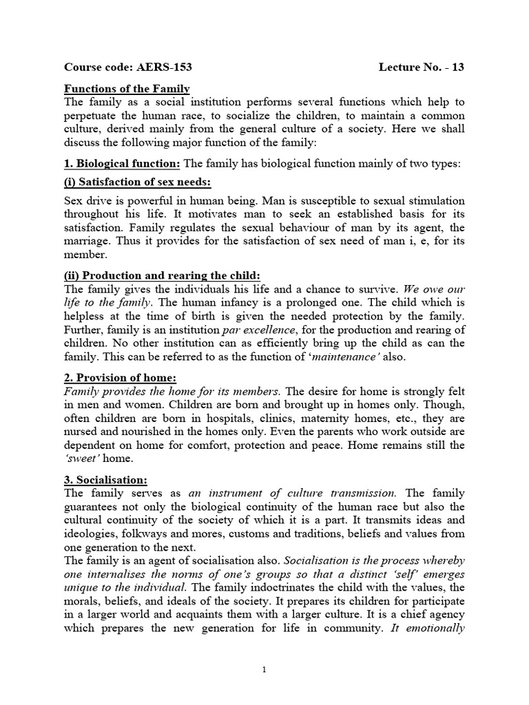 Lecture-13 Functions of Family(1) | PDF | Family | Socialization