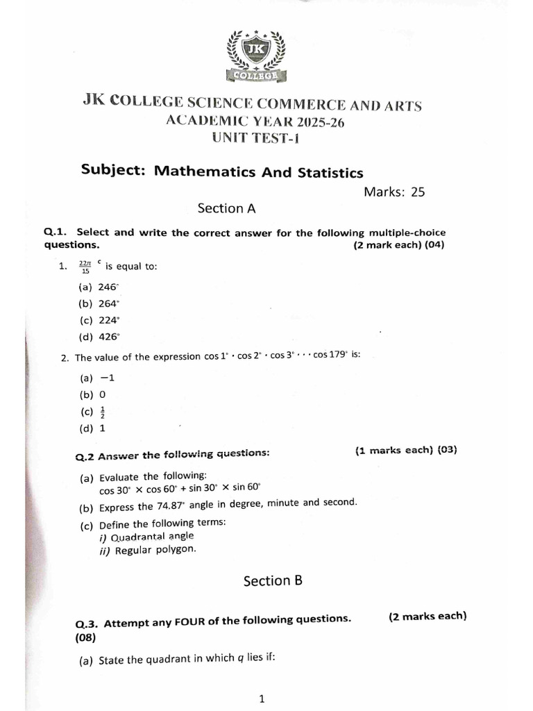 Maths Unit 1 25-26 | PDF