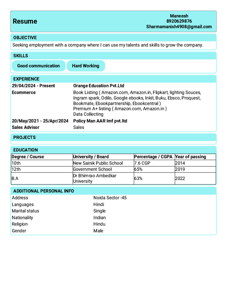 Maneesh's Professional Resume Summary | PDF
