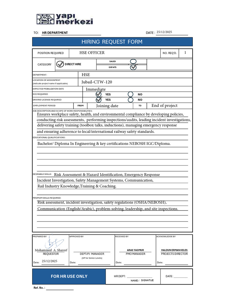 HSE Officer Hiring Request Form | PDF | Occupational Safety And Health ...