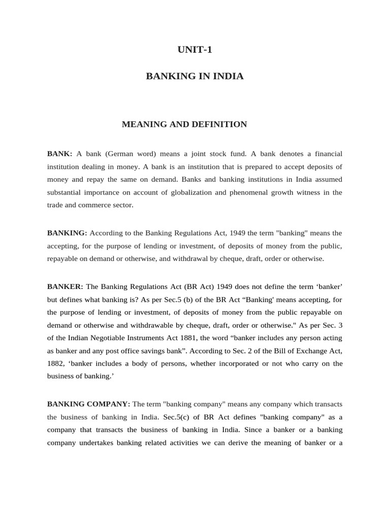 Banking Law Unit 1 Notes (1) | PDF | Banks | Overdraft