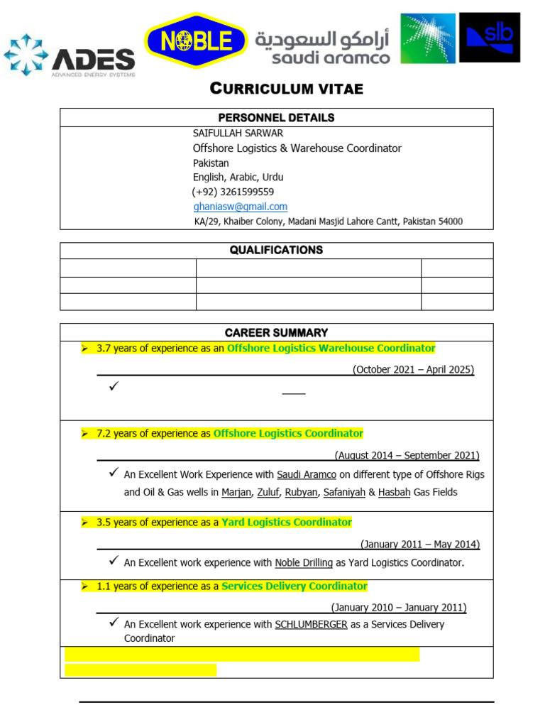 Saifullah - Offshore Logistics Coordinator - Detailed Aramco Resume ...