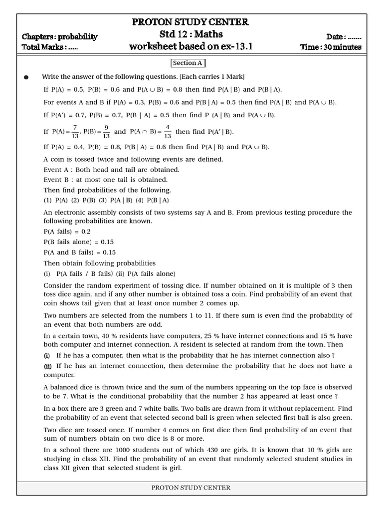 Std 12 Maths Probability Worksheet | PDF | Probability | Probability Theory