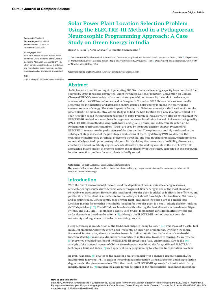 Solar Power Plant Location Selection Problem Using The ELECTRE-III ...