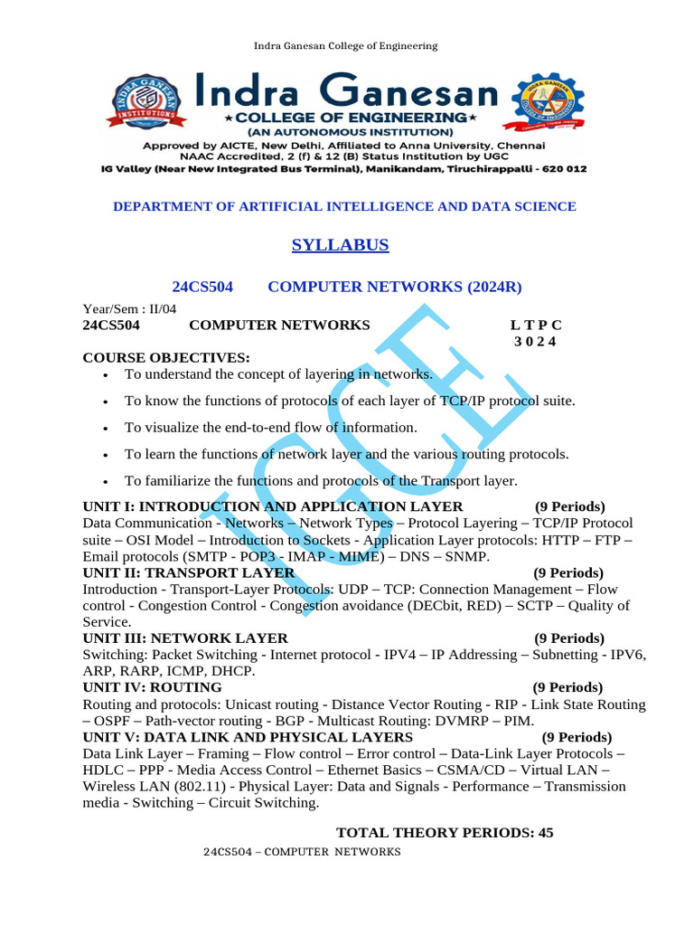 Computer Networks Syllabus 2024R | PDF | Internet Protocol Suite ...