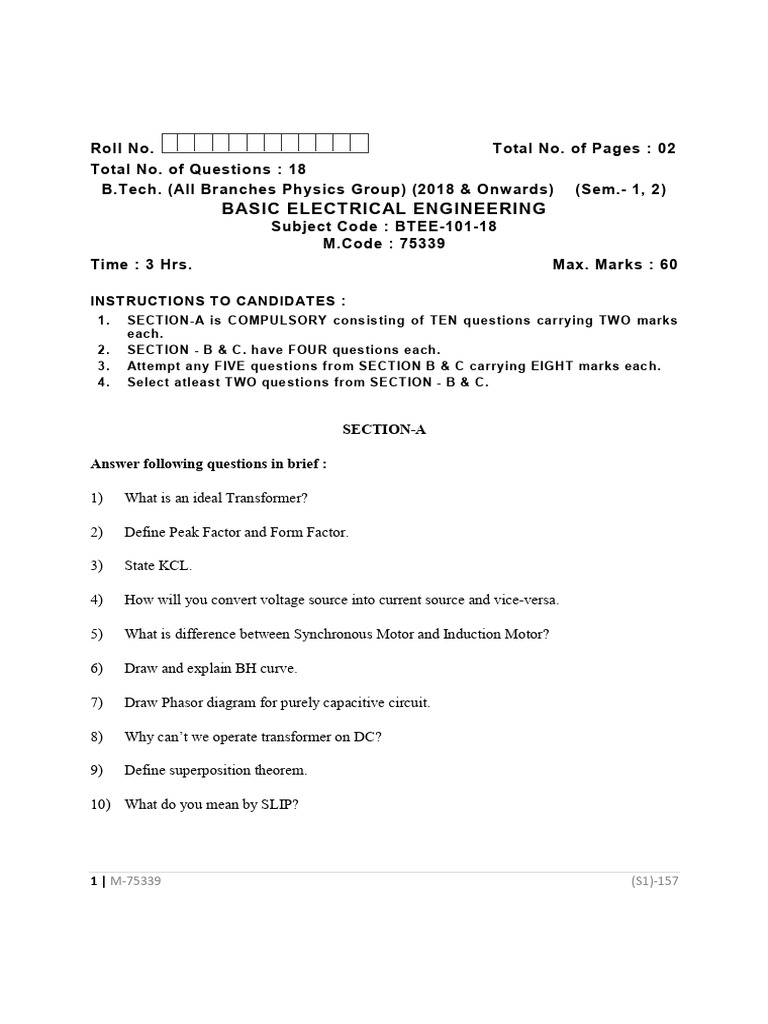 Basic Electrical Engineering Exam Guide | PDF | Transformer | Electronics