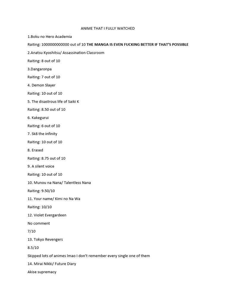 Anime That i Fully Watched | PDF