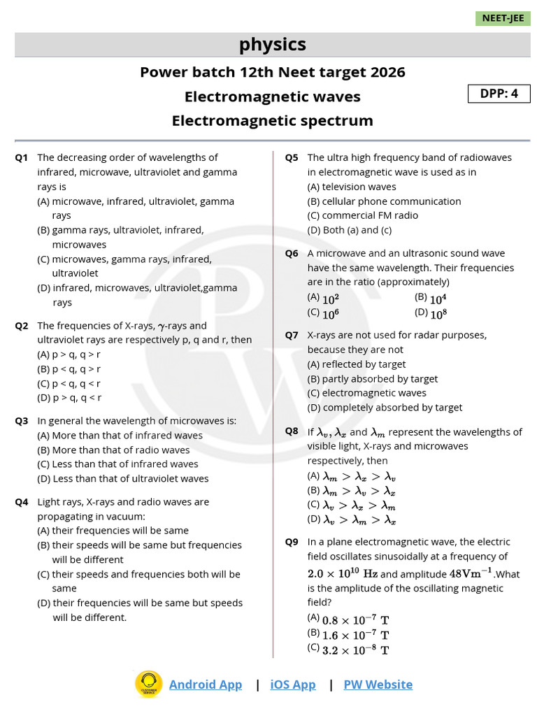 NEET-JEE Electromagnetic Waves Quiz | PDF | Electromagnetic Radiation ...