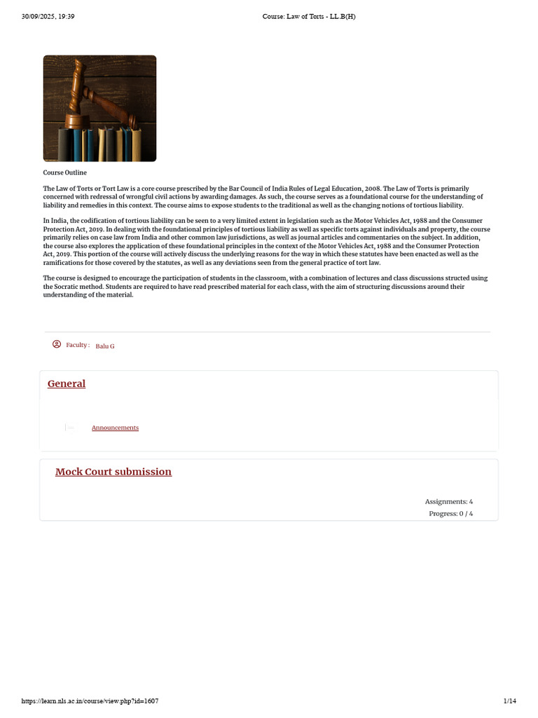 Law of Torts Course Outline | PDF | Tort | Defamation