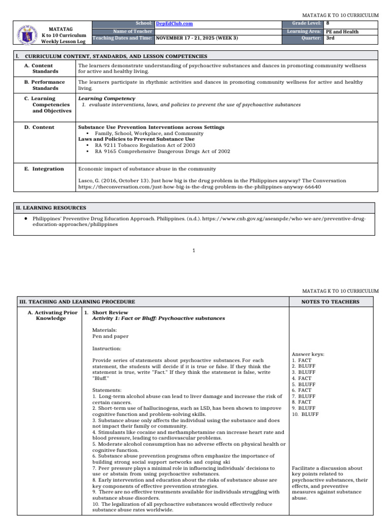 PE and Health Lesson Plan: Substance Abuse | PDF | Substance Abuse ...