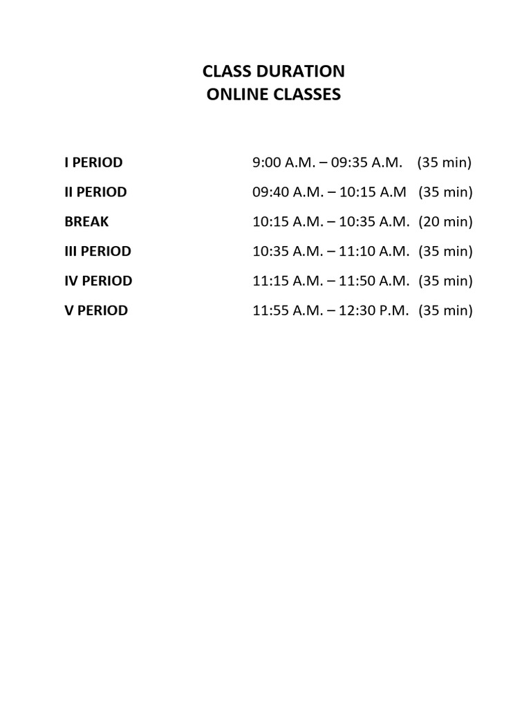 Class Duration - January Online Classes | PDF