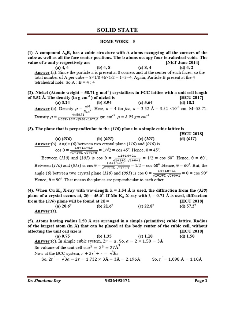 Home work 5 (solid state) answer | PDF | Crystal Structure | Analytical ...