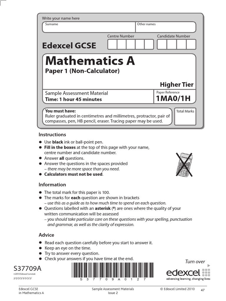 Specimen QP - Paper 1 (H) Edexcel (a) Maths GCSE | PDF | Vocational ...