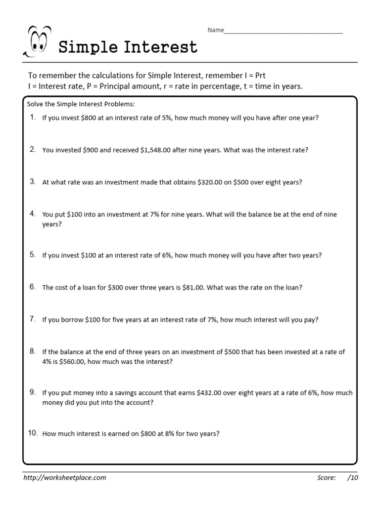 Simple Interest Worksheet 07 | PDF | Interest | Interest Rates