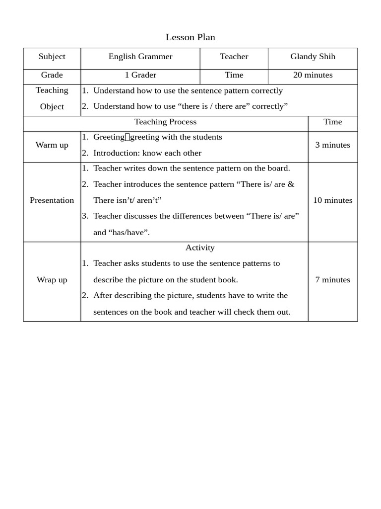 Grade 1 English Grammar Lesson Plan | PDF