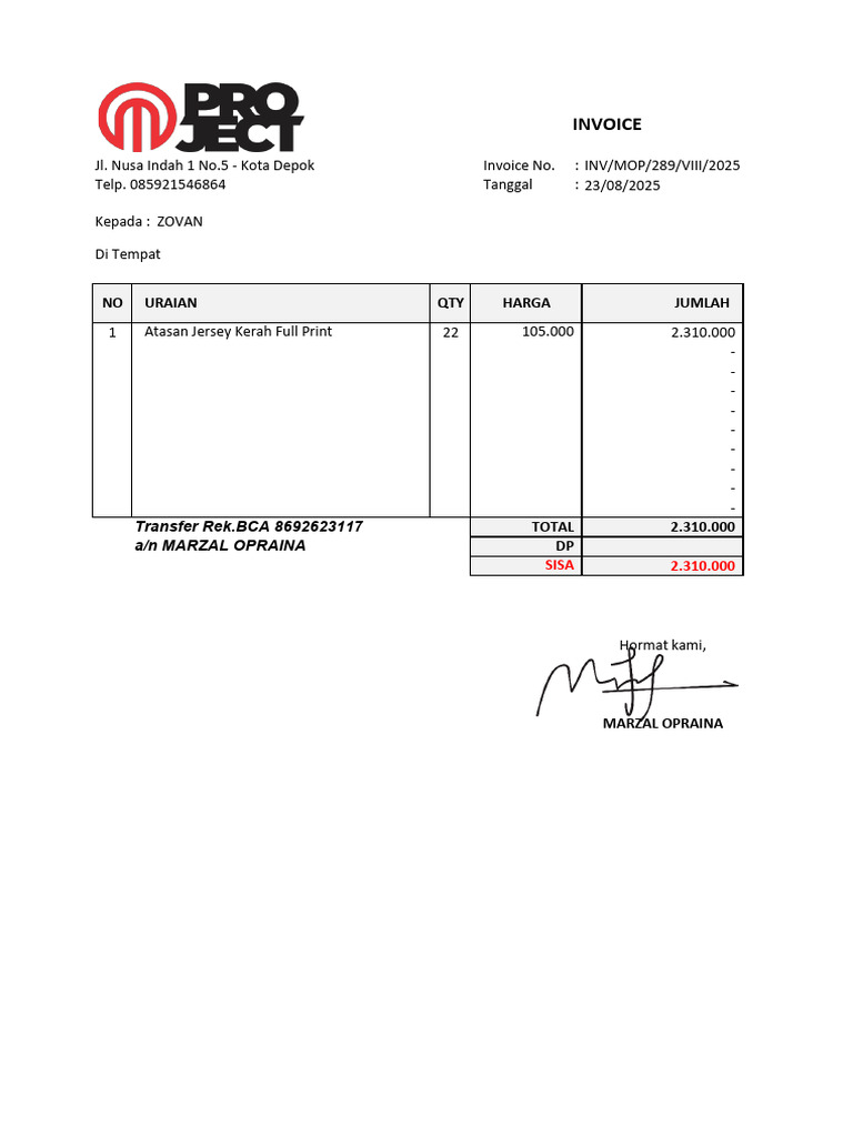 Invoice Atasan Jersey ZOVAN 2025 | PDF
