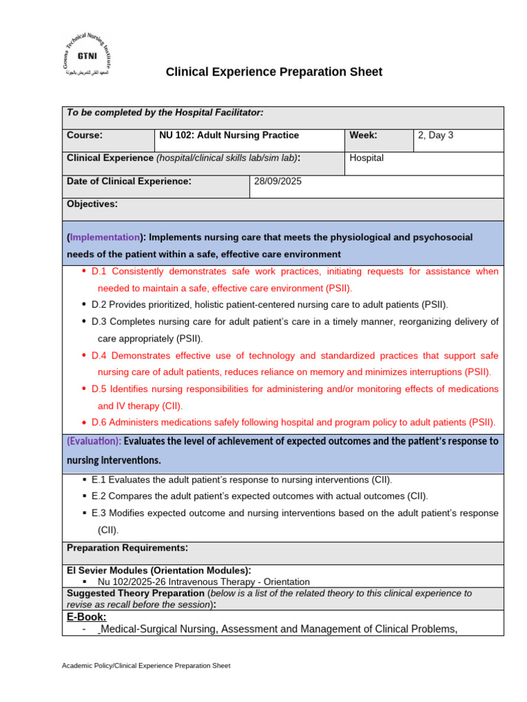 Clinical Experience Preparation Sheet D3 yasmine | PDF | Nursing | Cortisol