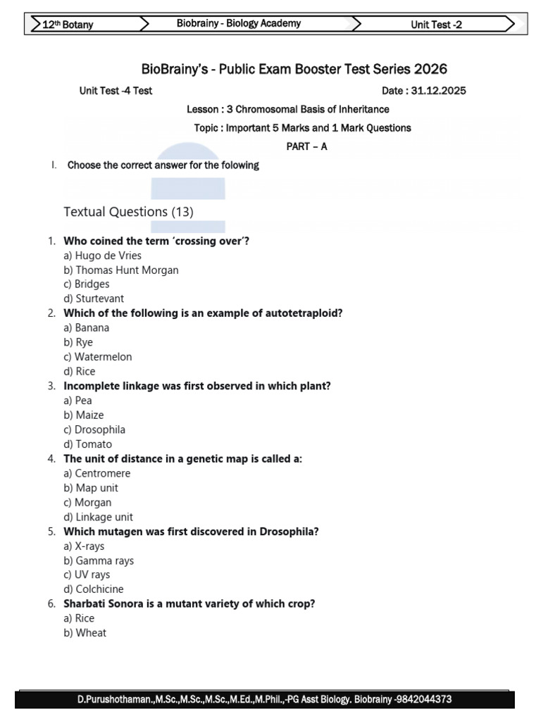 Unit Test - 5 12th Botany 3rd Lesson 5and 1 Mark | PDF | Genetic ...