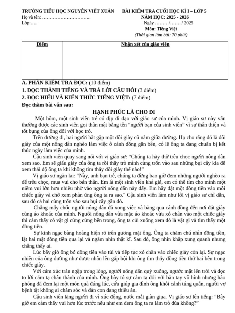 Tieng Viet 5 de Kiem Tra (1) | PDF