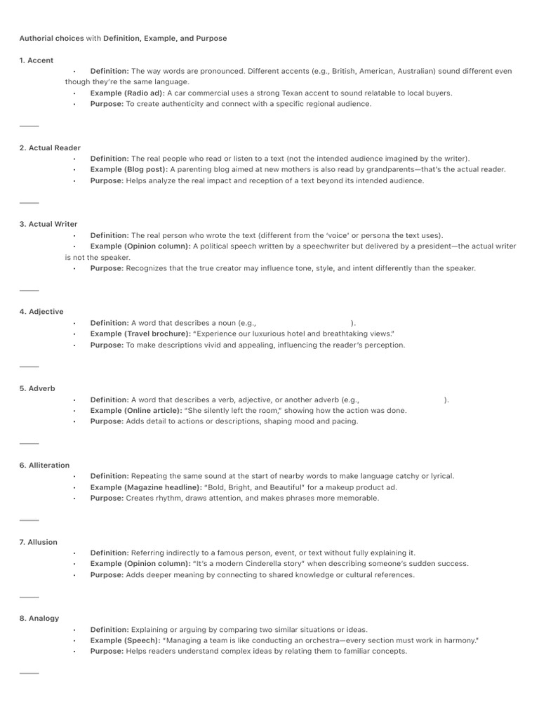 Authorial Choices With Definition Example and Purpose | PDF | Ellipsis ...