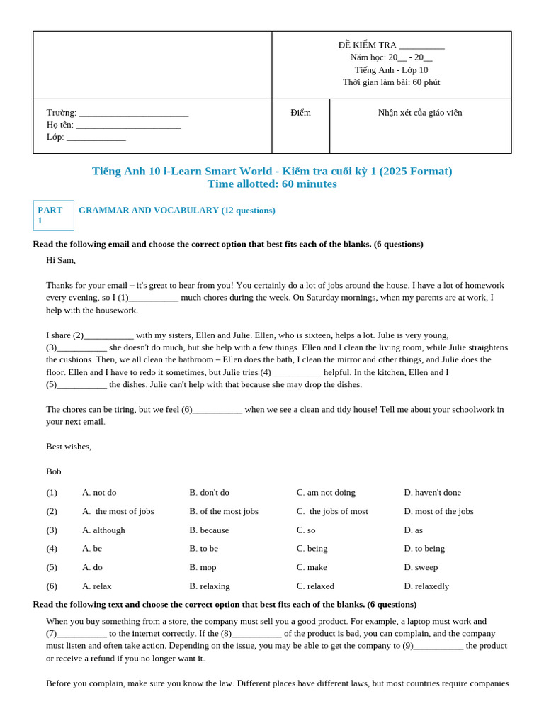 Đề on Tap Kiểm Tra Hk 1 | PDF | Homelessness