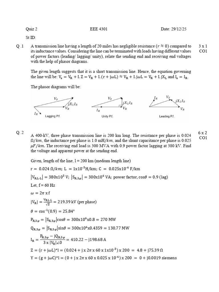 EEE 4301 Quiz 2 Solution | PDF | Electric Power Transmission | Ac Power