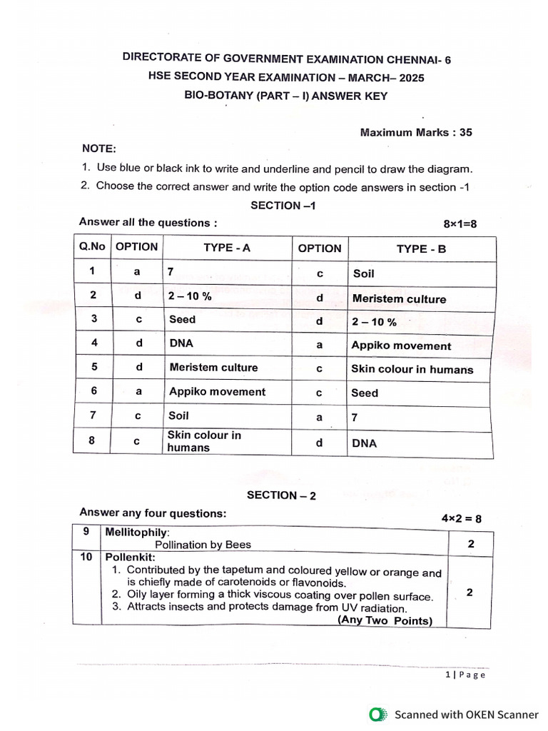 12th Bio Botany EM Official Answer Key to Public Exam March 2025 ...