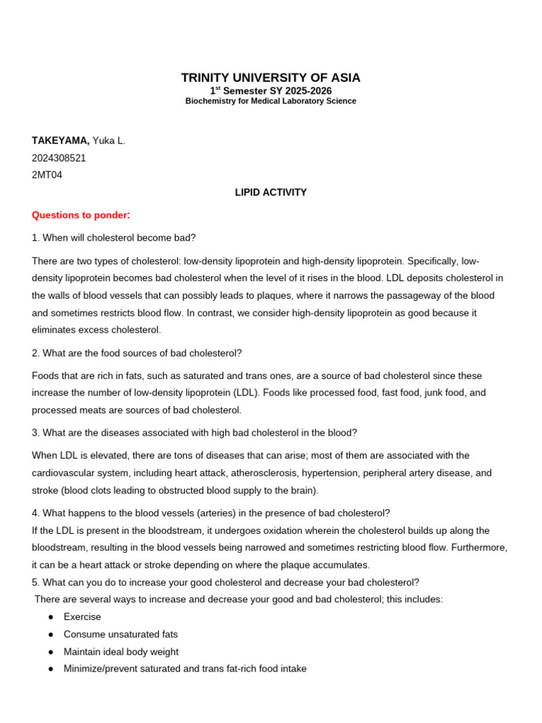 Lipid Activity | PDF | Low Density Lipoprotein | Cholesterol