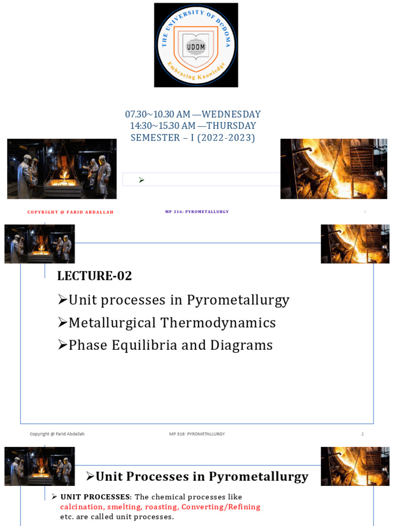 MP 316 - Pyrometallurgy - Lecture 2 | PDF | Gibbs Free Energy | Smelting