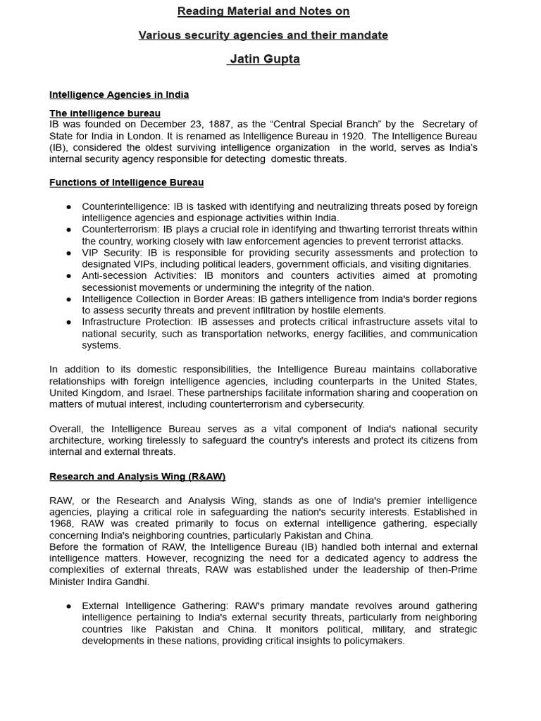 449) Security Agies_Handout | PDF | Military Intelligence | National ...