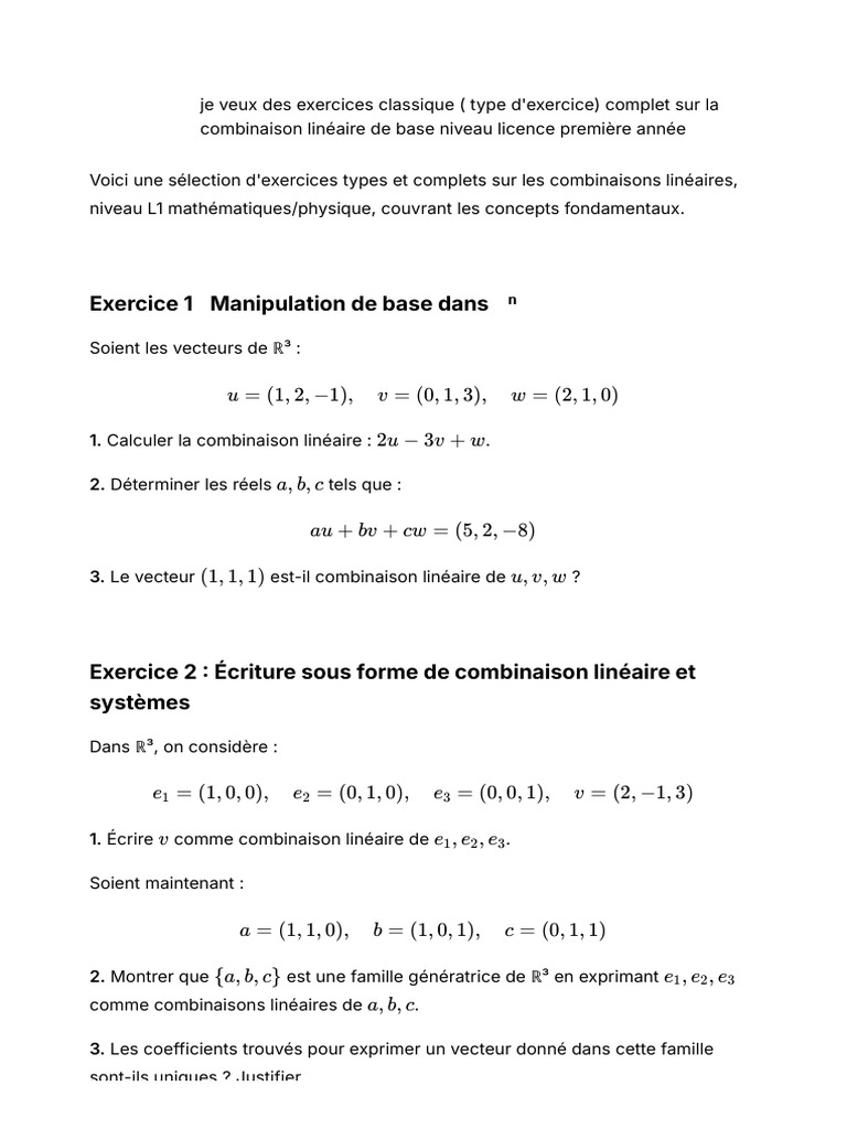 Exercices complets sur combinaisons linéaires et matrices L1 | PDF ...