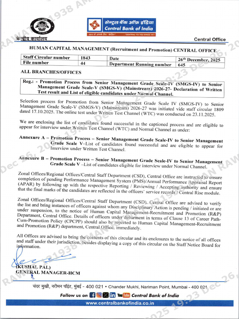 Declaration of Written Test Result & Normal Channel List for Promotion ...