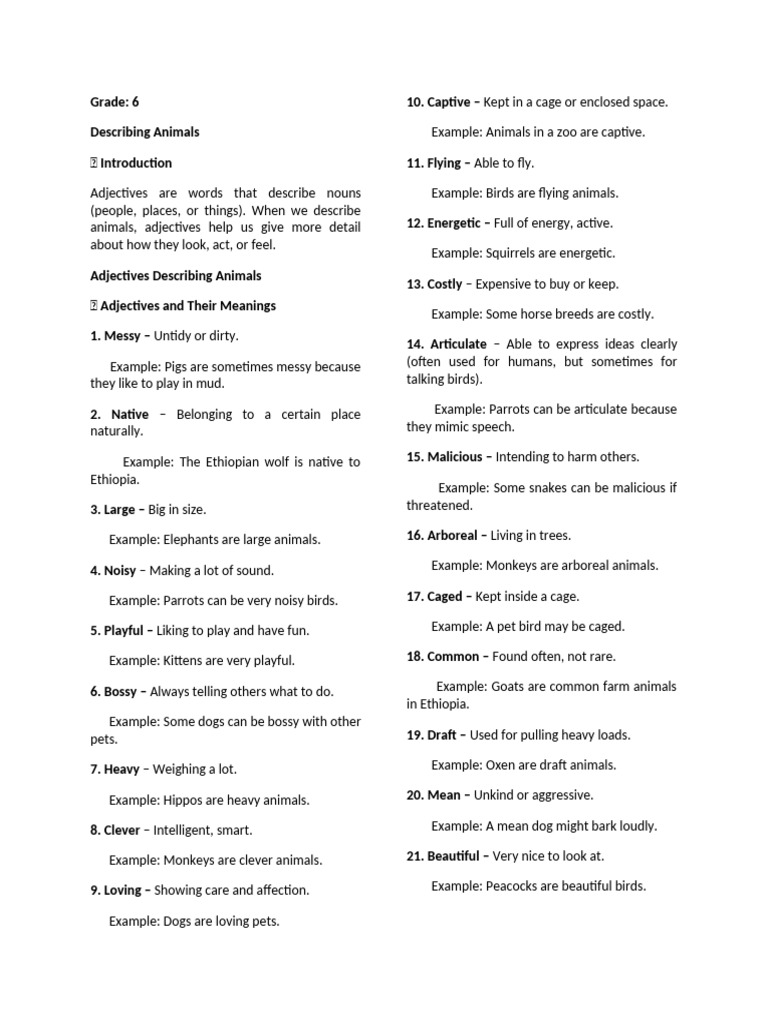 Adjectives for Describing Animals | PDF | Pet | Parrot