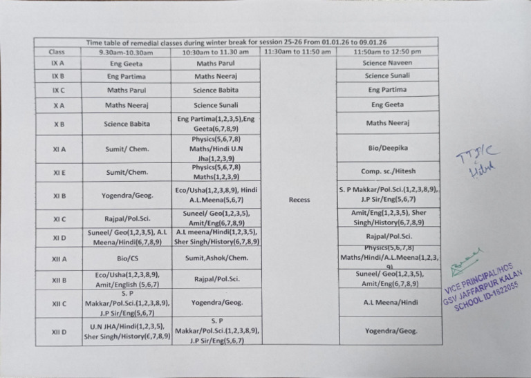 Remedial Classes Time Table Winter Break | PDF