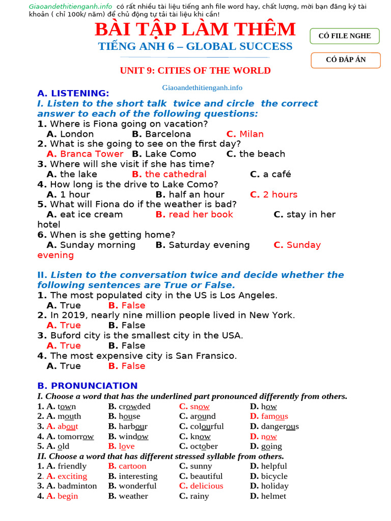Bài Tập Làm Thêm Tiếng Anh 6 Global Có File Nghe Và Đáp Án UNIT 9 ...