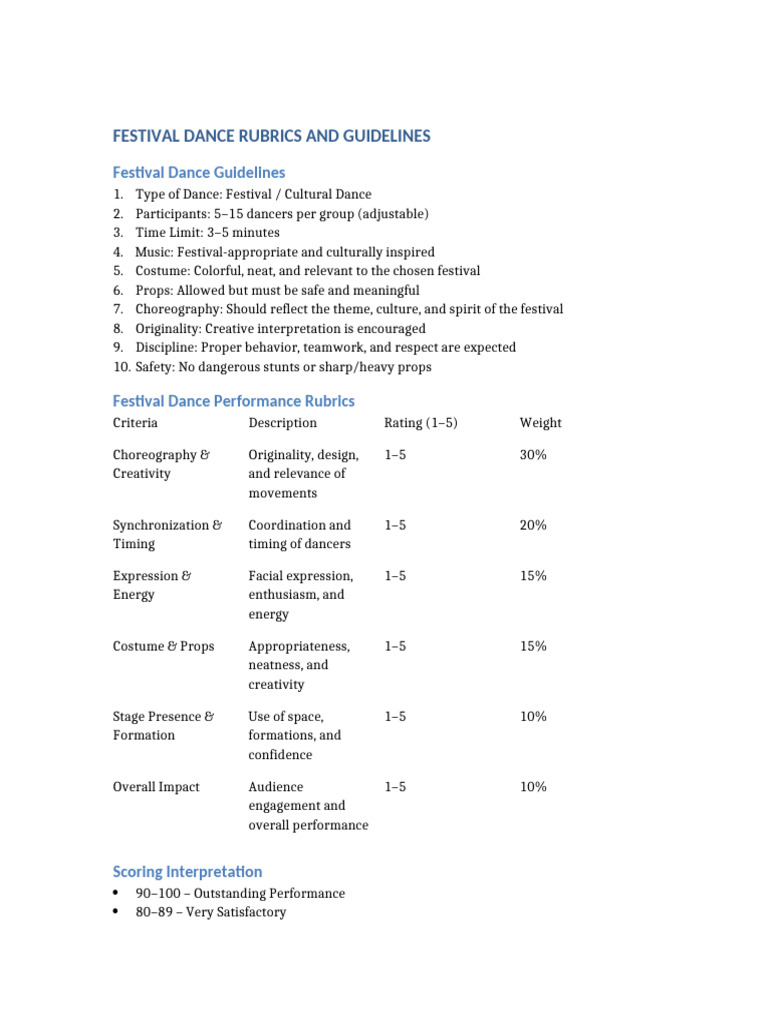 Festival Dance Rubrics and Guidelines | PDF