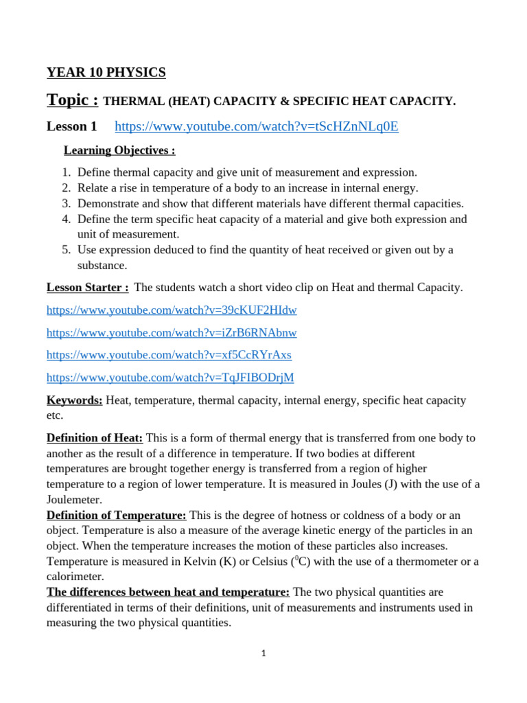 Year 10 Thermal Capacity Guide | PDF | Heat | Temperature