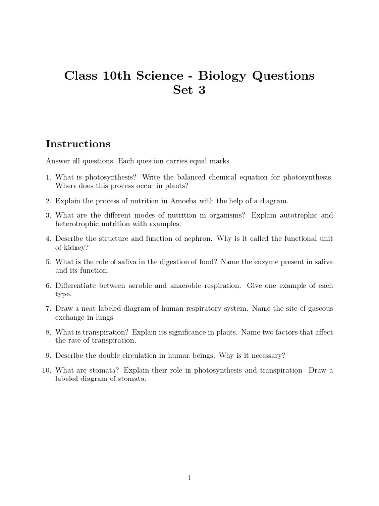 Class 10th Science Biology QuestionsSet 3 | PDF