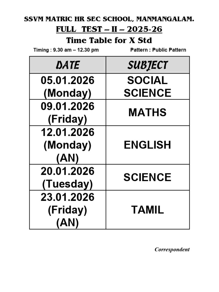 SSVM X Std Test II Time Table 2025-26 | PDF