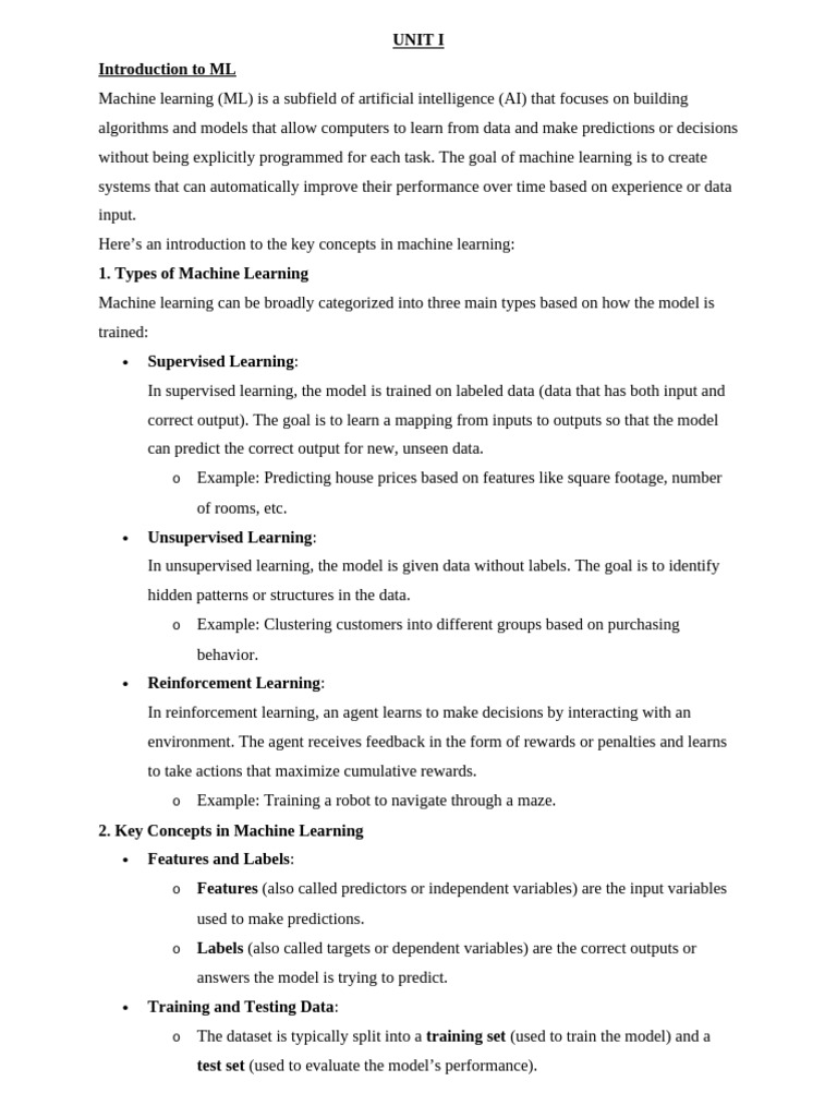 Machine Learning Unit1 | PDF | Machine Learning | Artificial Intelligence