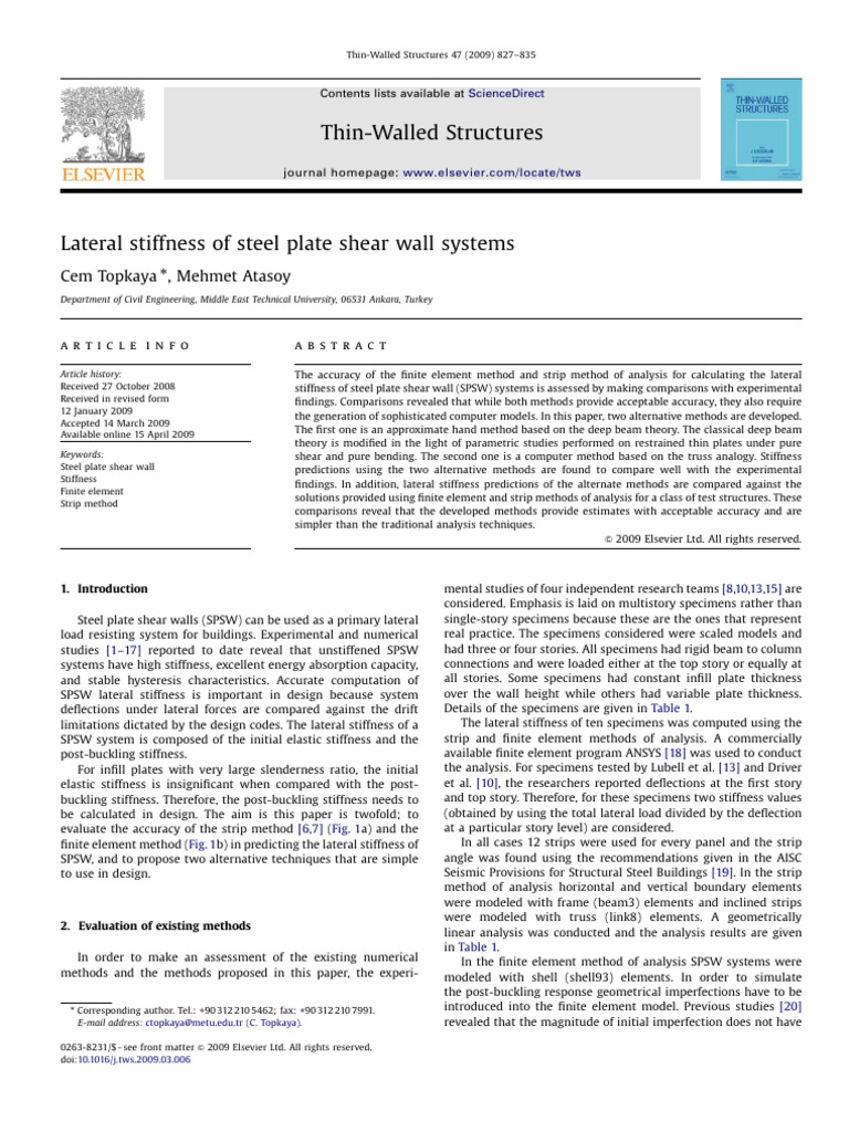 Lateral Stiffness of Steel Plate Shear Wall Systems | PDF | Bending ...