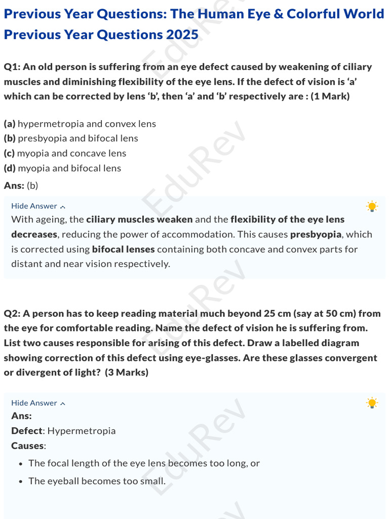 Physics Pyq Human Eye | PDF | Rainbow | Myopia