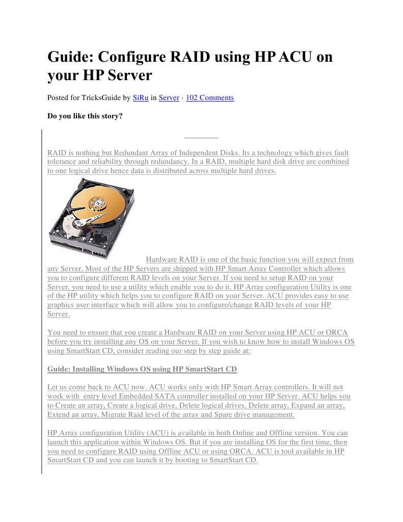 Configure RAID Using HP ACU On Your HP Server | PDF | Hard Disk Drive | Server (Computing)