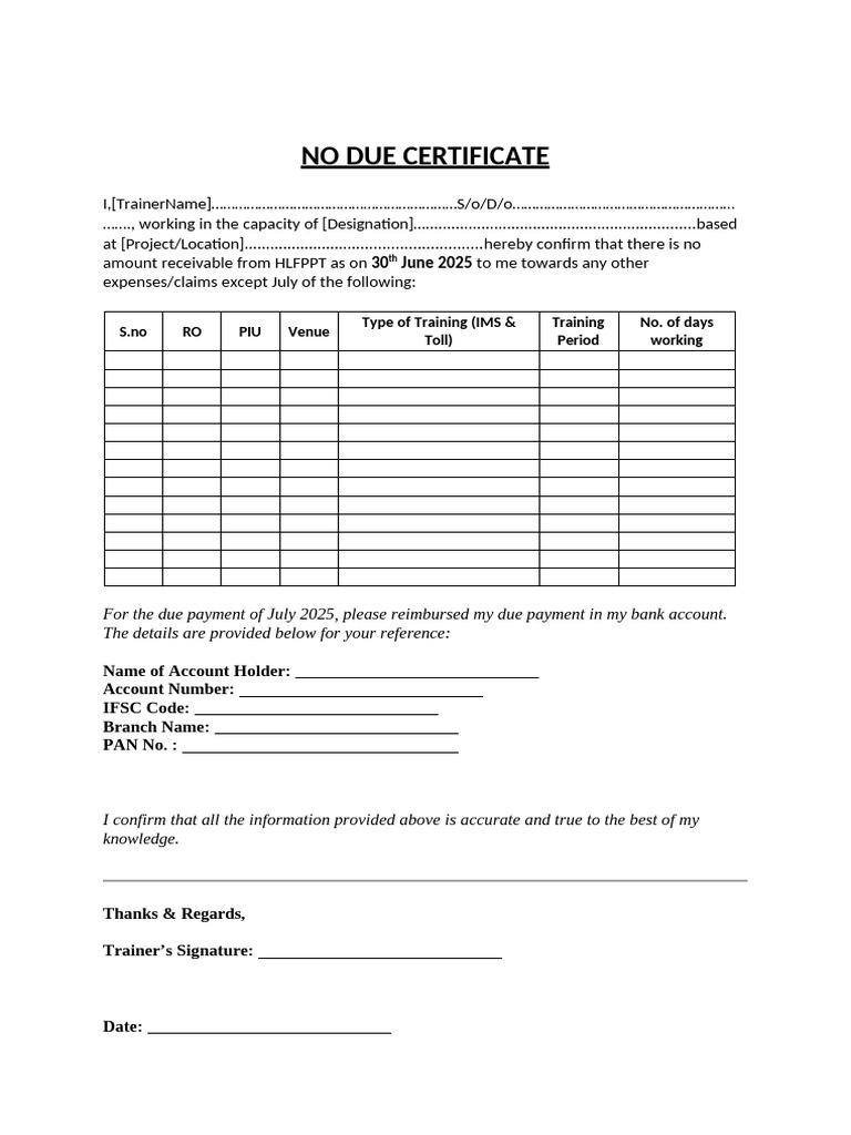 No Due Certificate For Trainers (1) - 1 | PDF